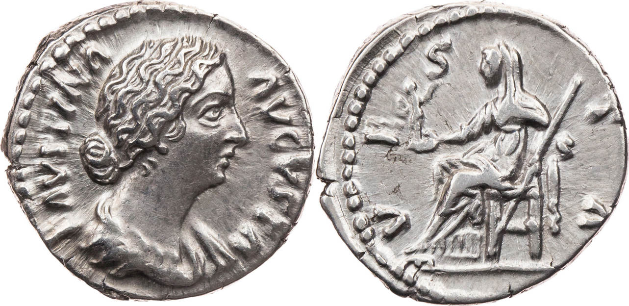 Römische Kaiserzeit Denar 161-176 n. Chr. Faustina minor, Büste / VESTA, Vesta mit Palladium und ...