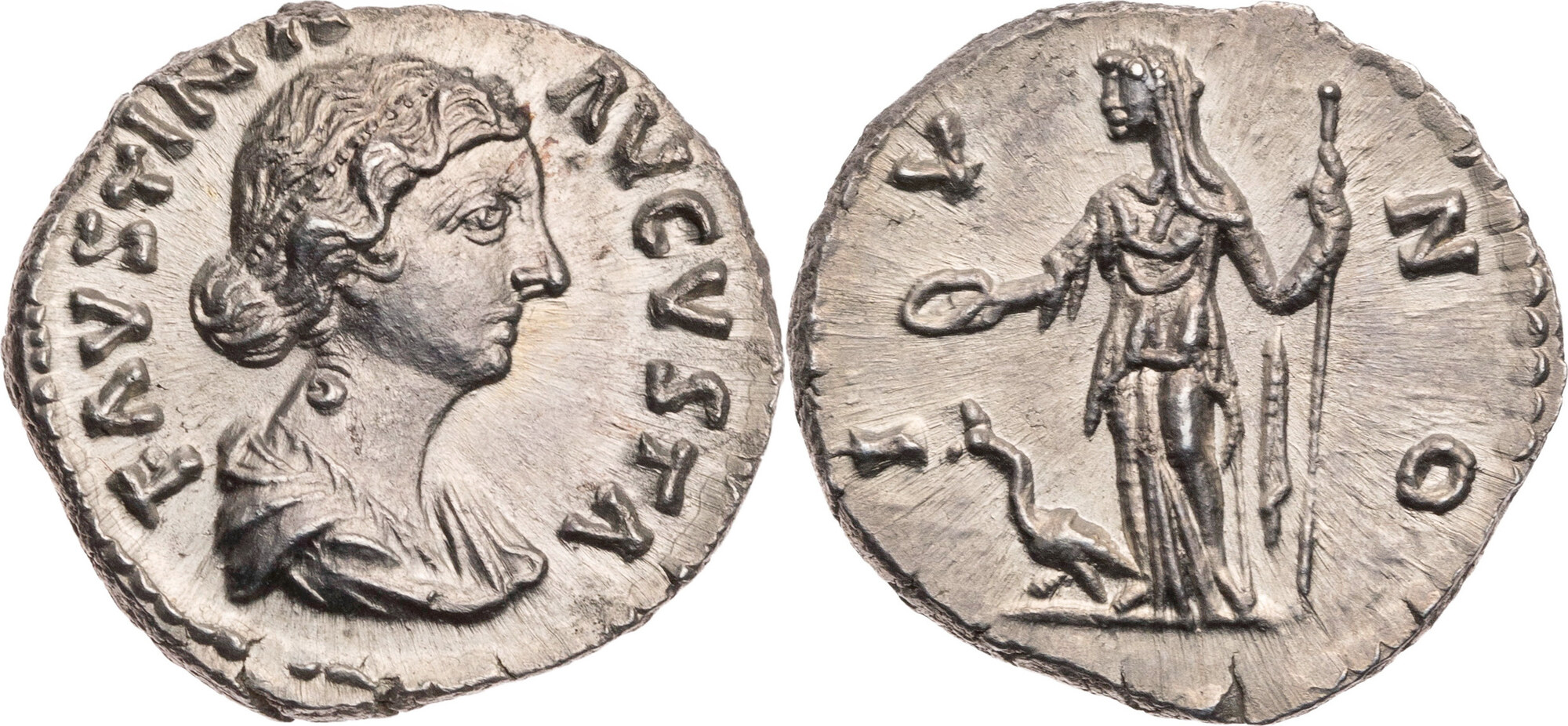 Römische Kaiserzeit Denar 170-175/6 n. Chr. Faustina II., Büste / IVNO, Iuno mit Patera, Szepter ...