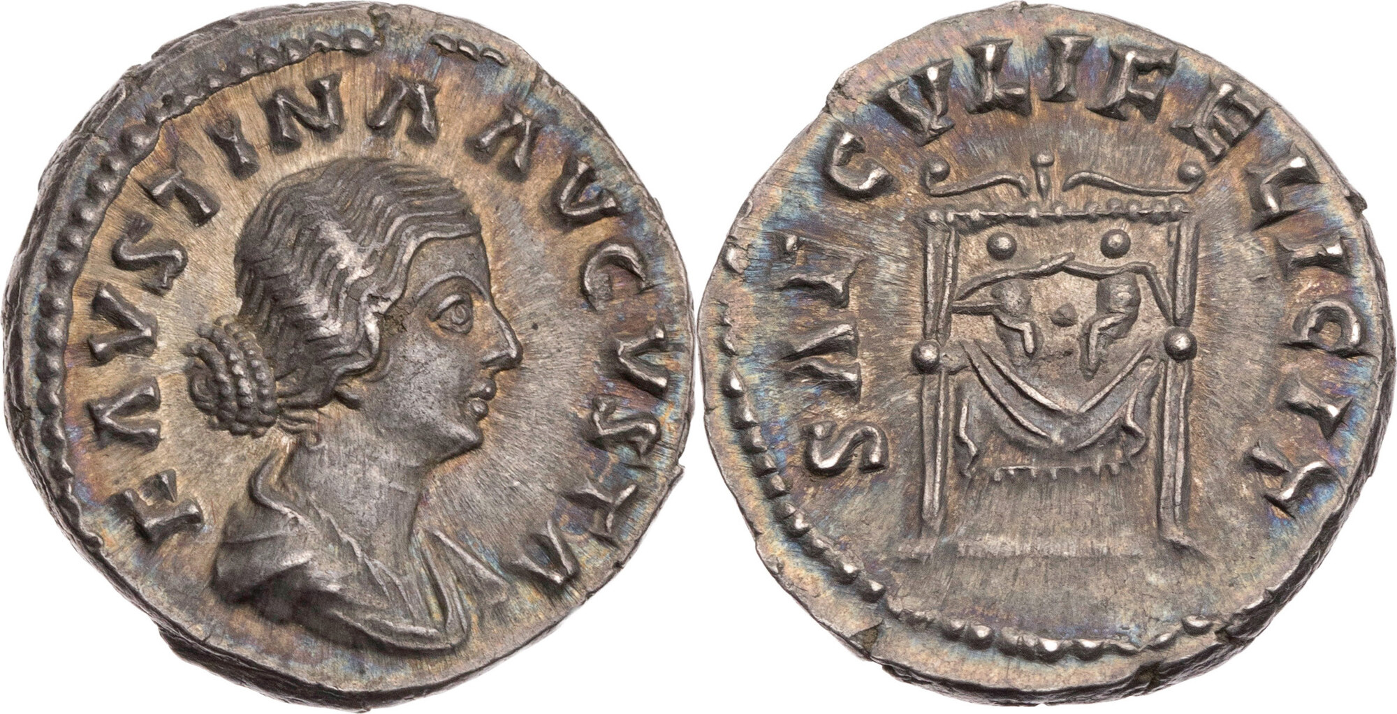 Römische Kaiserzeit Denar 161-164 n. Chr. Faustina minor, Büste / SAECVLI FELICIT, Zwillinge auf ...