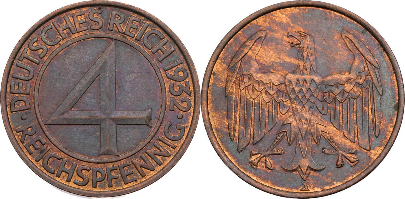 Weimarer Republik 4 Pfennig 1932 A sog. Brüningtaler - Kursmünze ss-vz ...