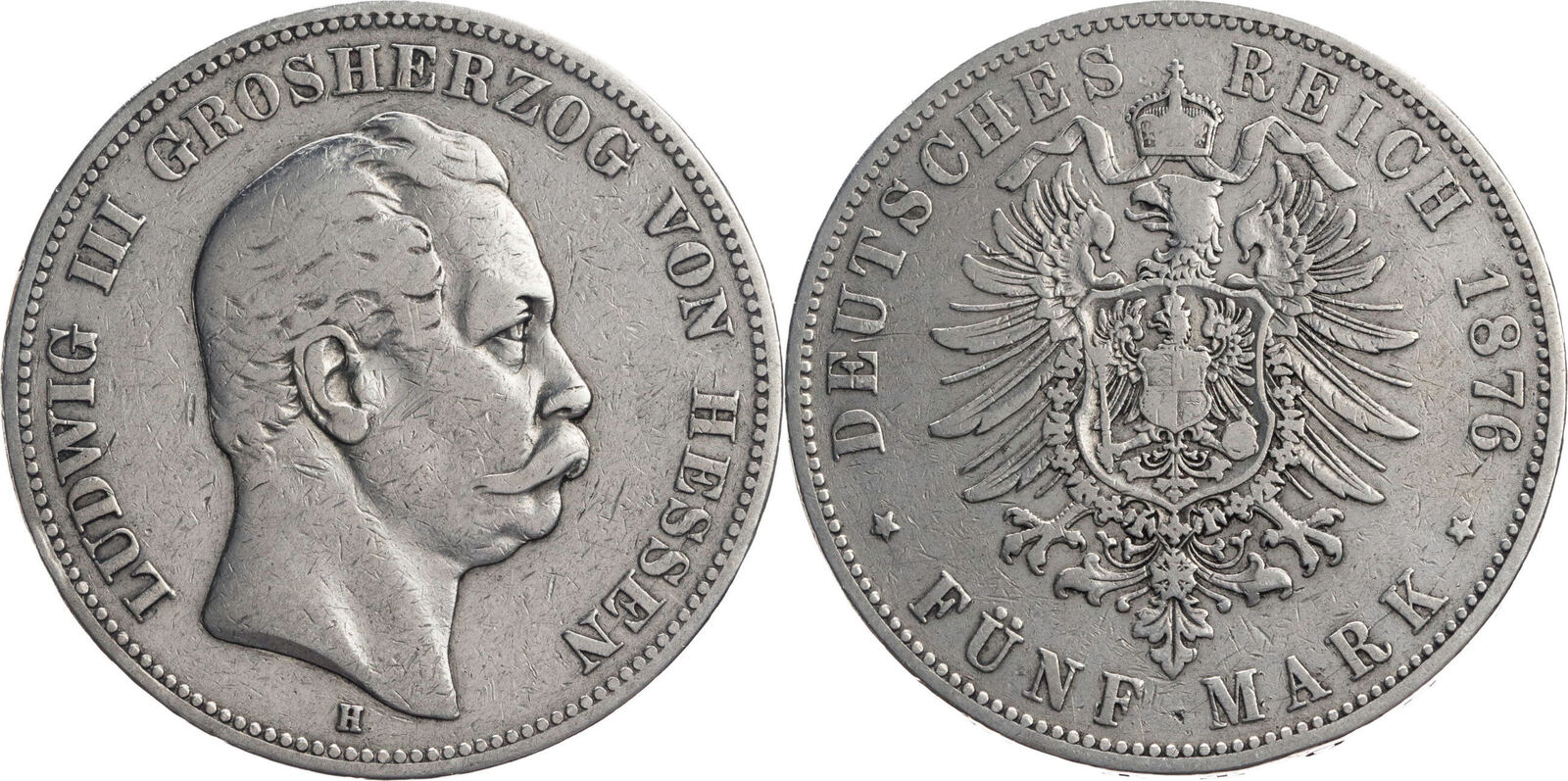 Kaiserreich, Hessen 5 Mark 1876 H Ludwig III. (1848-1877) s-ss | MA-Shops