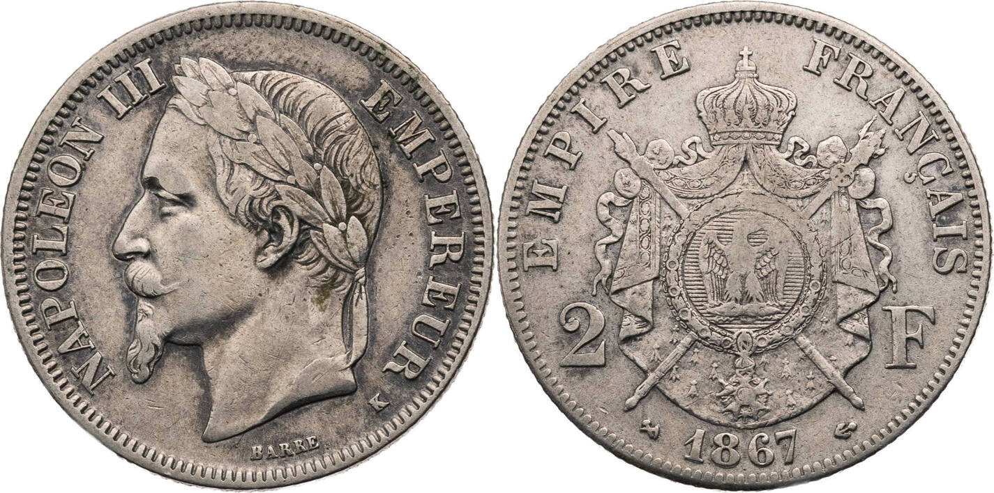 Frankreich 2 Francs 1867 K Napoleon III (1852-1870) - Kursmünze (1866-1870) ss | MA-Shops