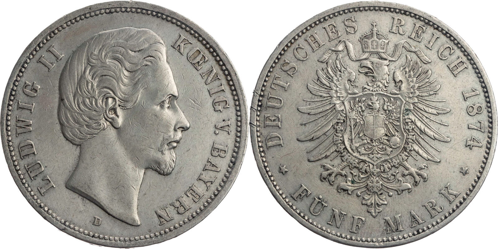 Kaiserreich, Bayern 5 Mark 1874 D Ludwig II. (1864-1886) - Kursmünze ...