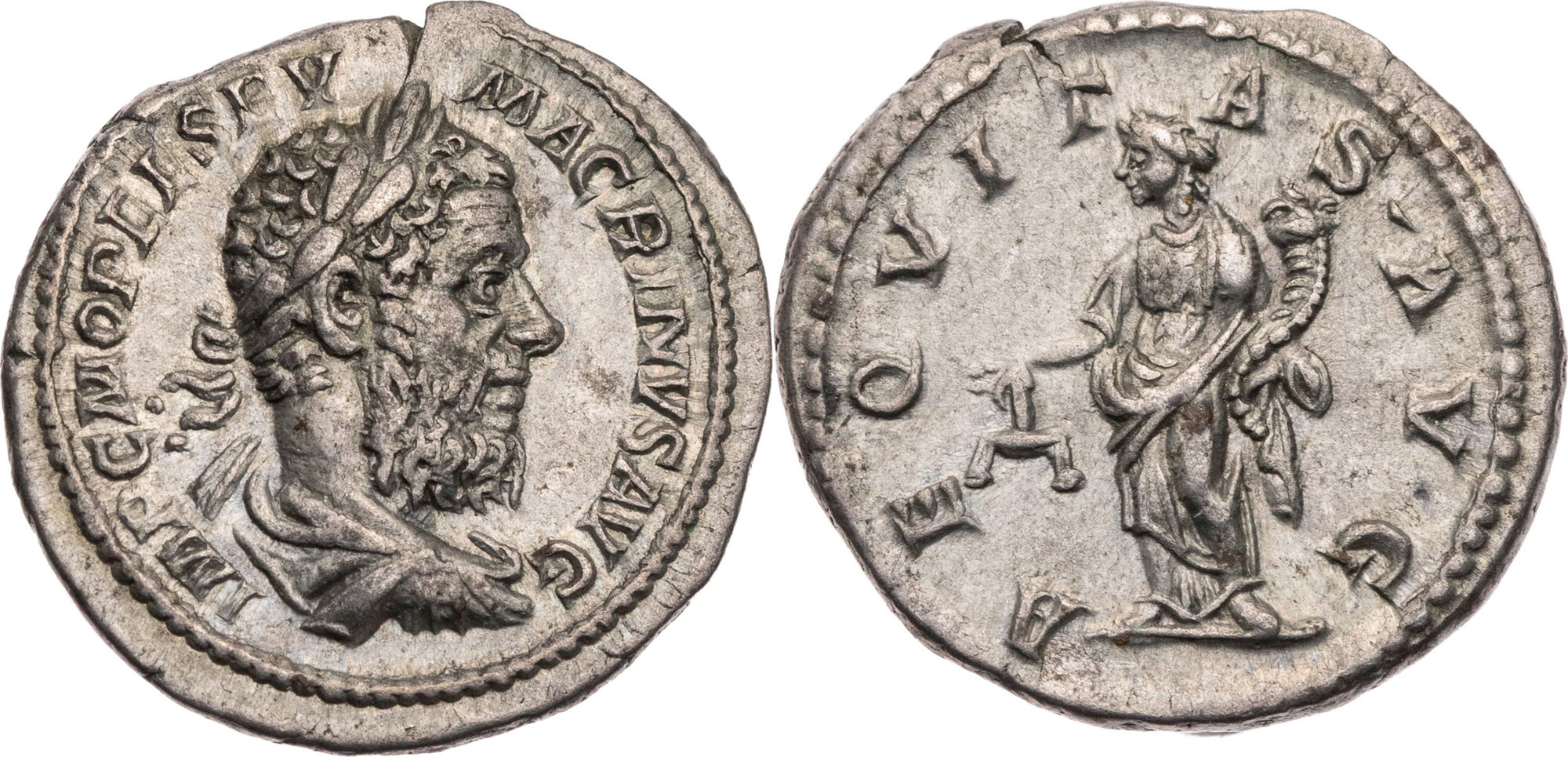 Römische Kaiserzeit Denar 218 n. Chr. Macrinus, Büste / AEQVITAS AVG, Aequitas mit Füllhorn und ...