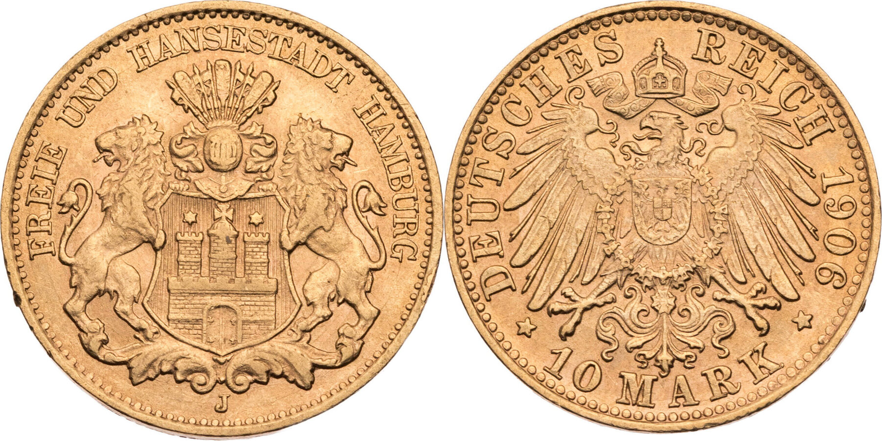 Kaiserreich, Hamburg 10 Mark 1906 J Kursmünze (1890-1913) vz | MA-Shops