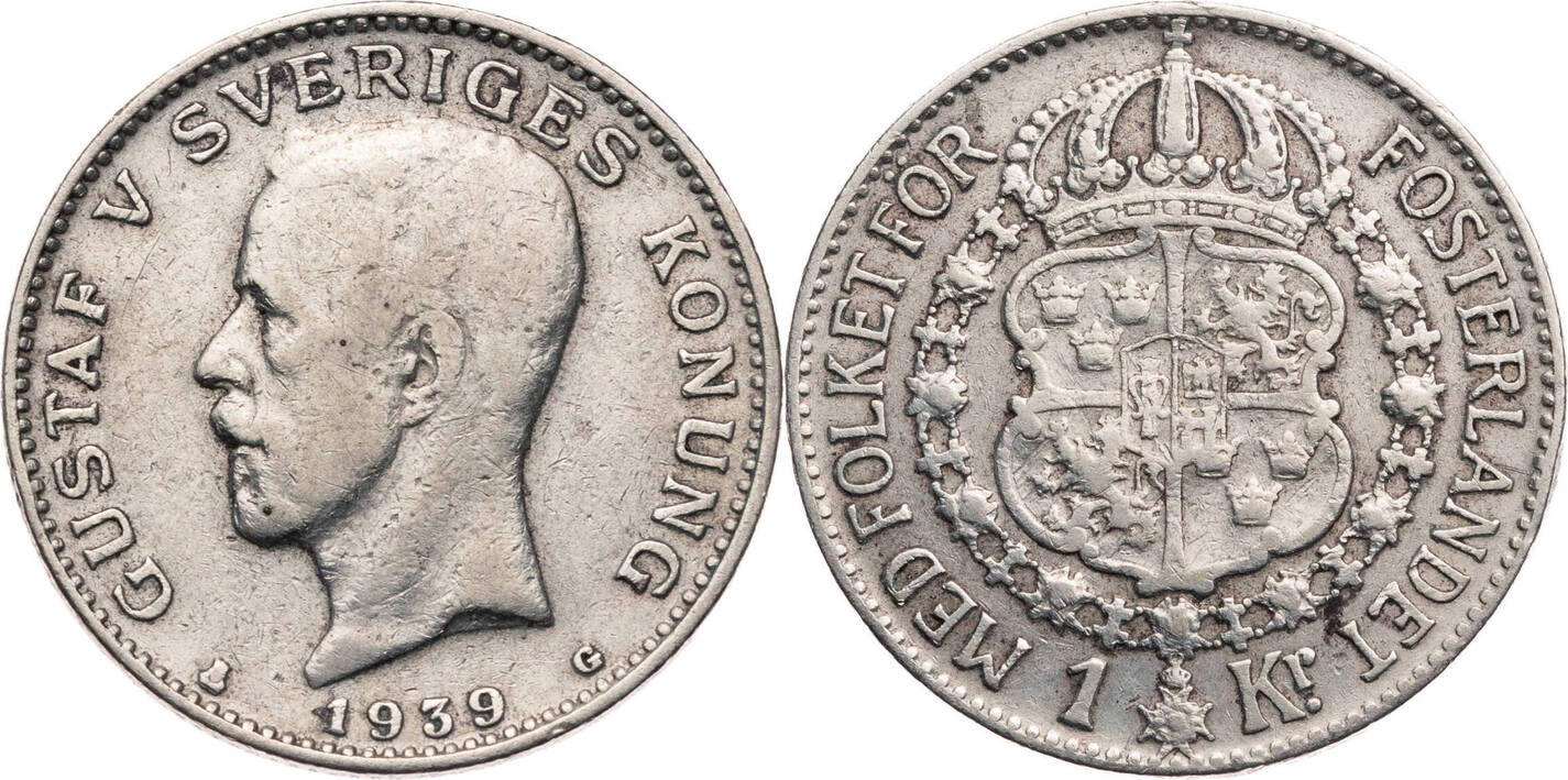 Schweden 1 Krona 1939 G Gustaf V. (1907-1950) - Kursmünze (1910-1942) s-ss | MA-Shops
