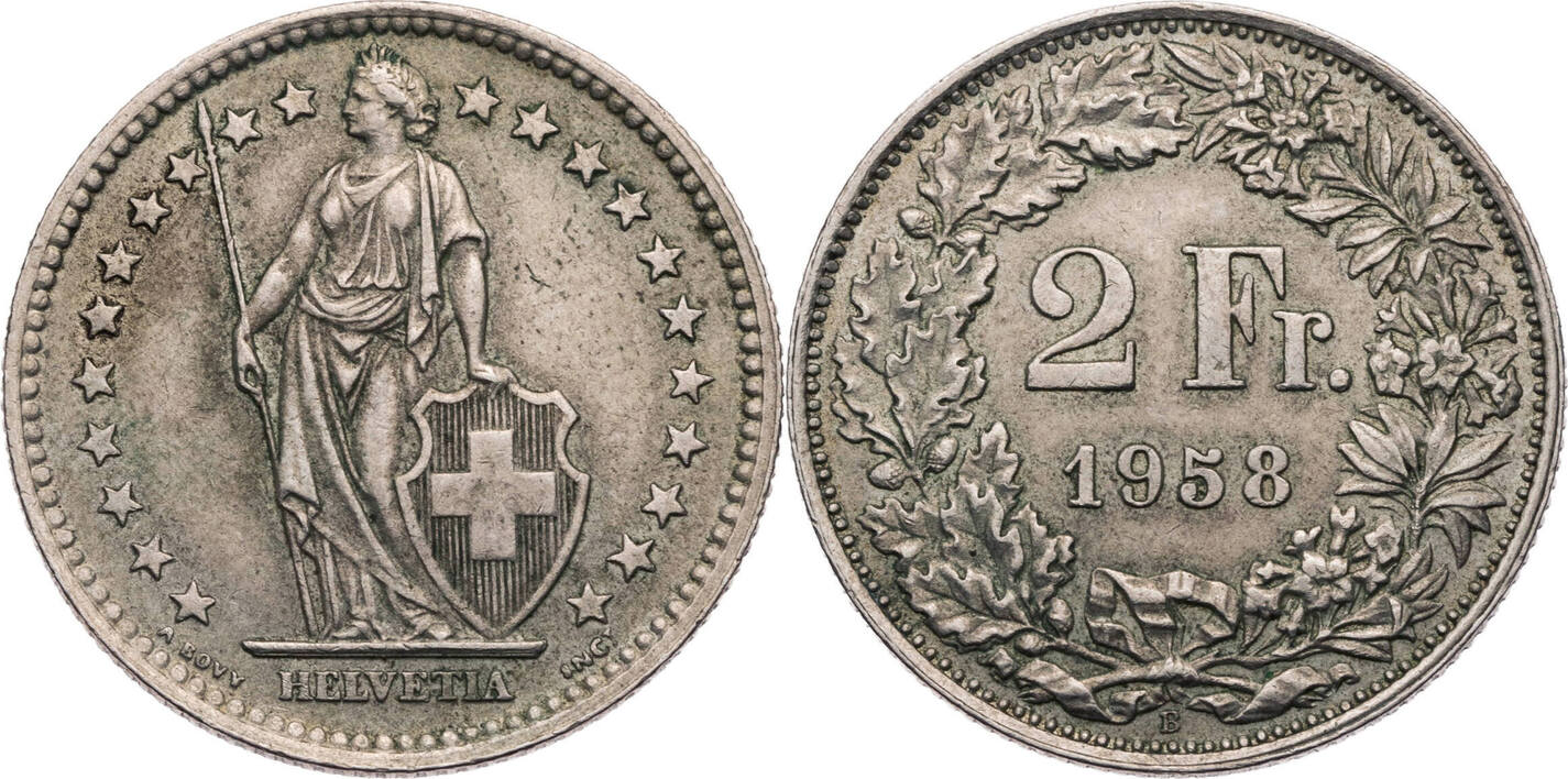 Schweiz 2 Franken 1958 B Helvetia - Kursmünze (1874-1967) ss | MA-Shops