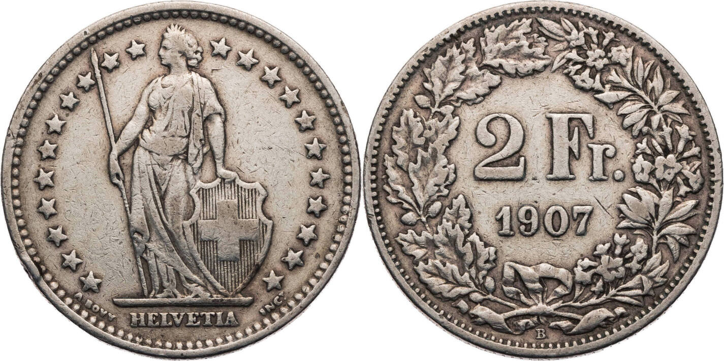 Schweiz 2 Franken 1907 B Helvetia - Kursmünze (1874-1967) ss | MA-Shops