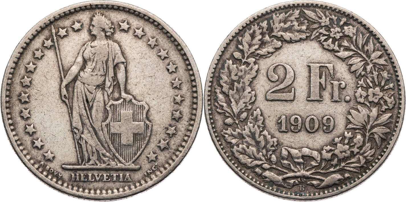 Schweiz 2 Franken 1909 B Helvetia - Kursmünze (1874-1967) ss | MA-Shops