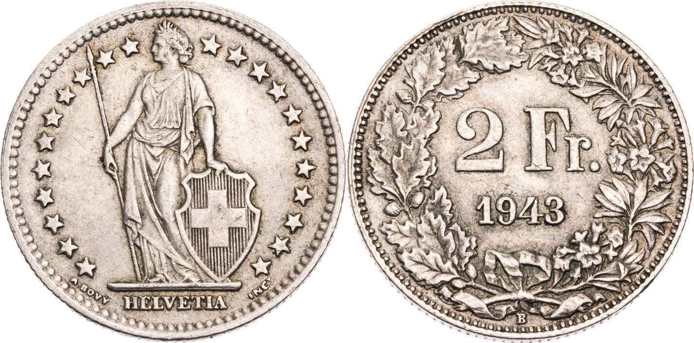 Schweiz 2 Franken 1943 B Helvetia - Kursmünze (1874-1967) ss | MA-Shops