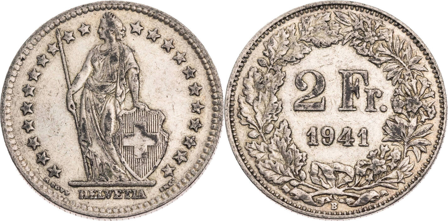 Schweiz 2 Franken 1941 B Helvetia - Kursmünze (1874-1967) ss | MA-Shops