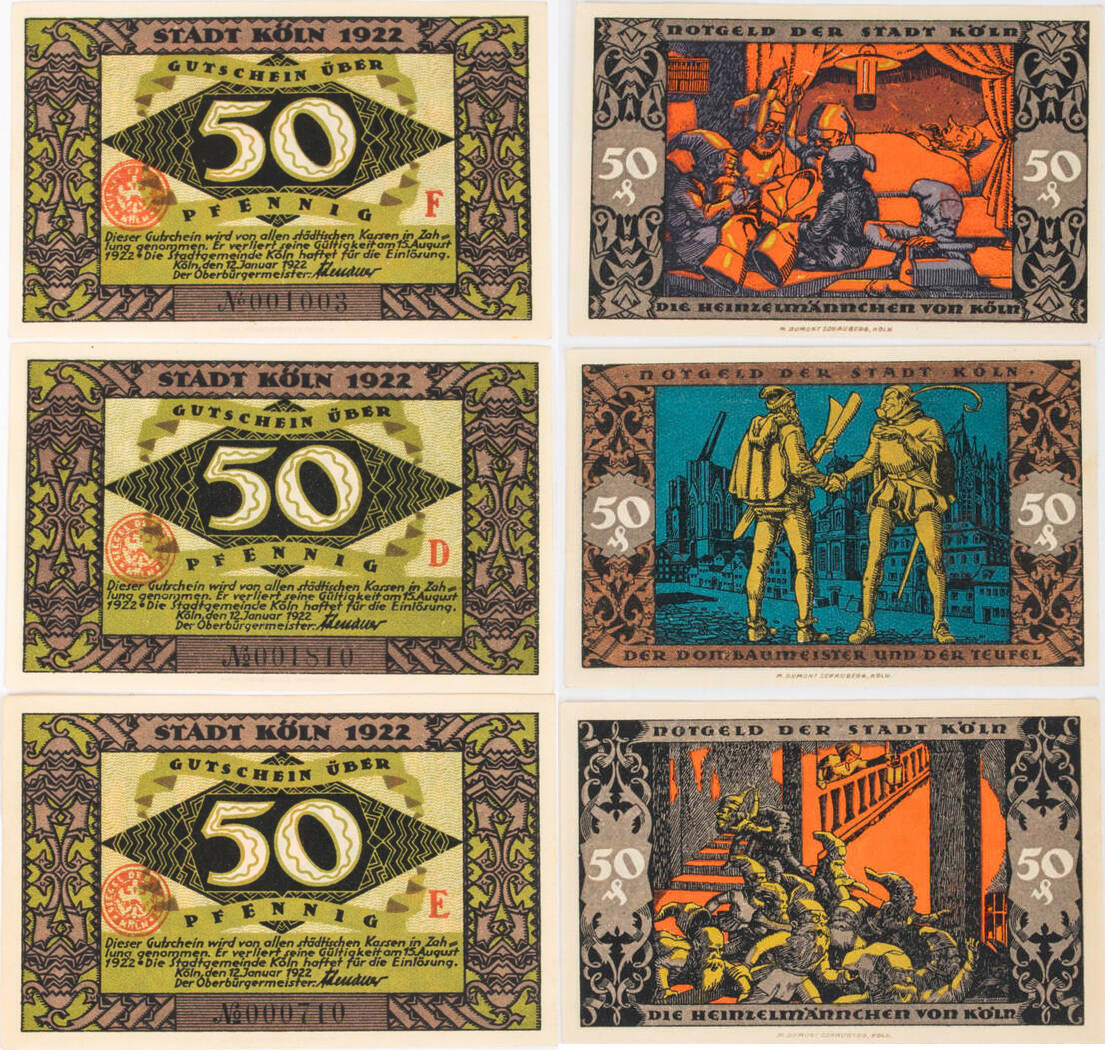 Köln 3 x 50 Pfennig 12.1.1922 Komplette Serie von 3 Scheinen, Drfa. auf ...