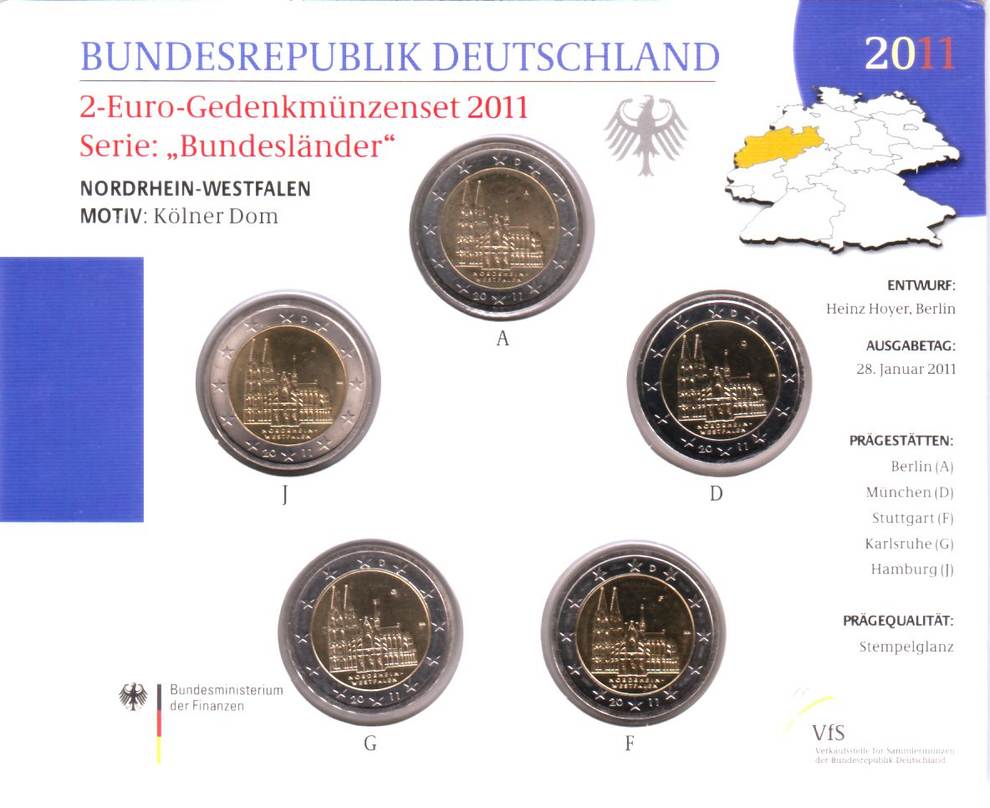 Deutschland 5x 2 Euro 2011 2 Euro-Serie (A, D, F, G, J) - Nordrhein ...