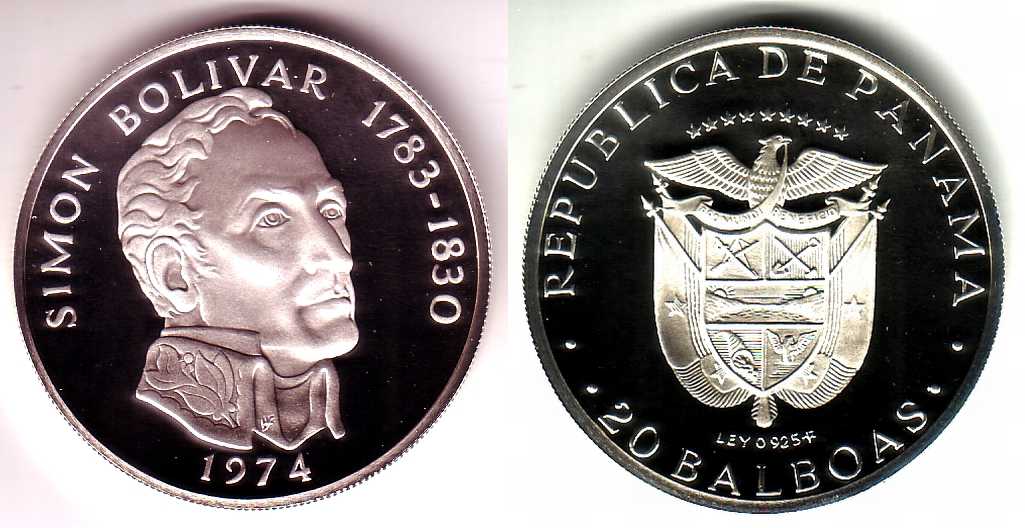 Panama 20 Balboas 1974 20 Balboas Silbermünze - Simon Bolivar PP mit ...