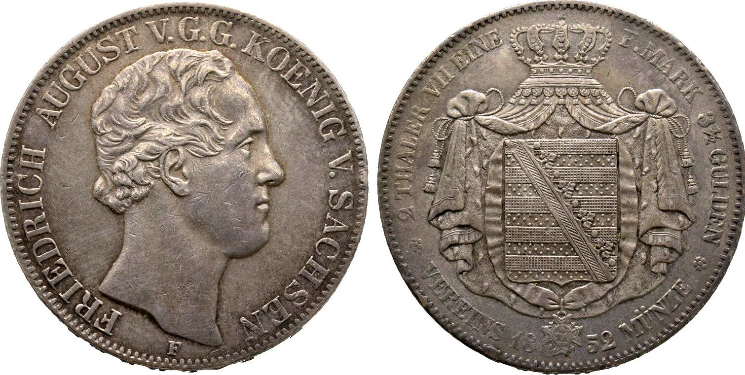 Sachsen 2 Taler - 3 1/2 Gulden 1852 F Friedrich August II. (1836-1854) vz | MA-Shops