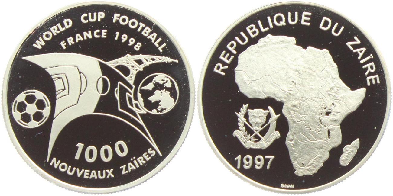 Zaire 1000 Nouveaux Zaires 1997 Fussball WM 1998 in Frankreich - Symbol ...