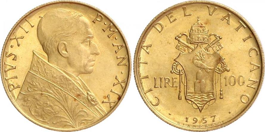Kirchenstaat-Vatikan 100 Lire 1957 Papst Pius XII. (1939-1958) f.st | MA-Shops
