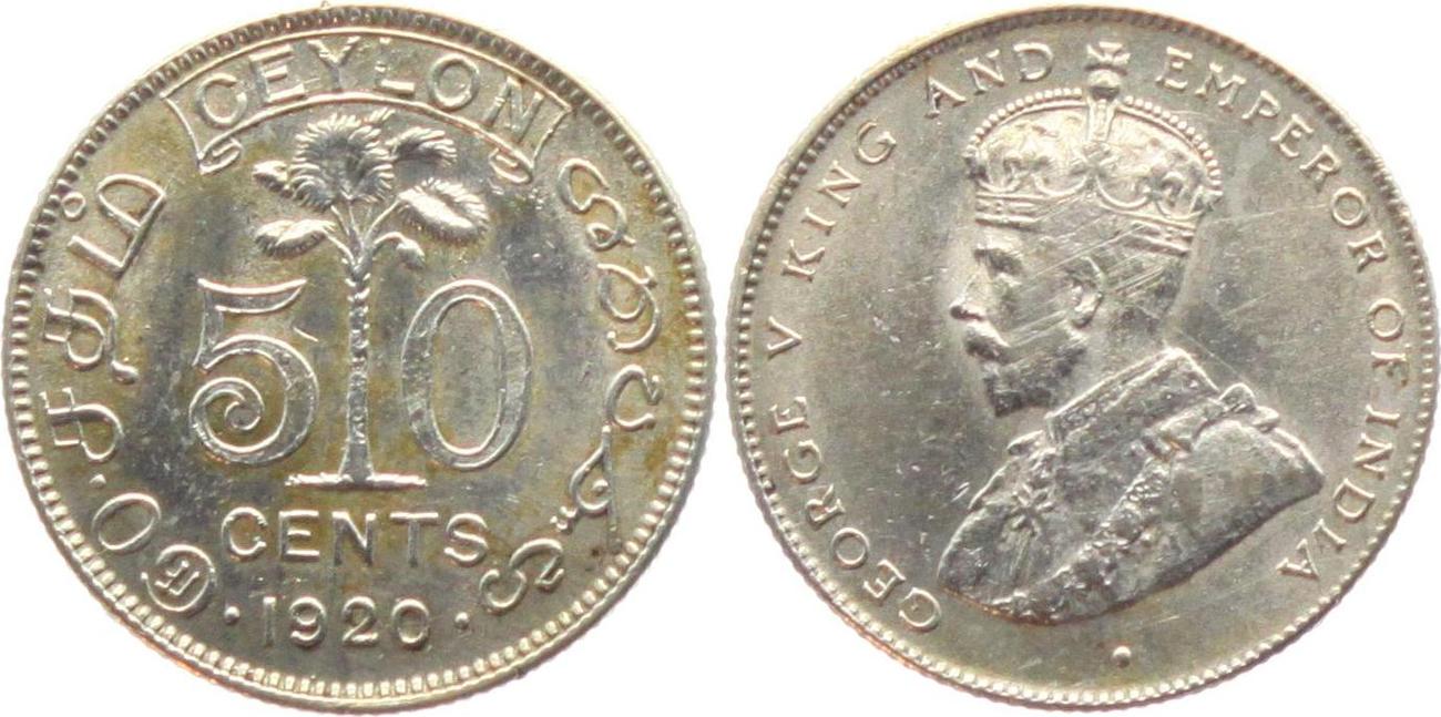 Ceylon 50 Cents 1920 George V. (1910 - 1936) ss-vz | MA-Shops