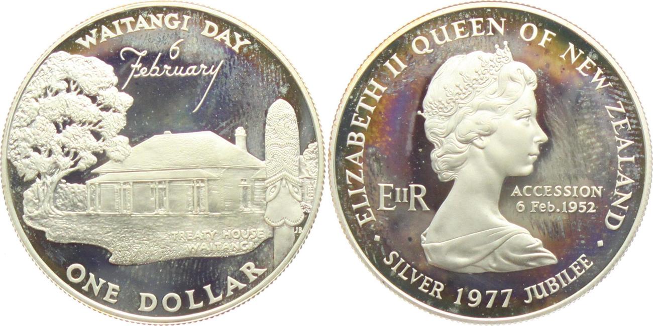 Neuseeland 1 Dollar 1977 25. Regierungsjubiläum von Elisabeth II. - Dorfgemeinschaftshaus ...