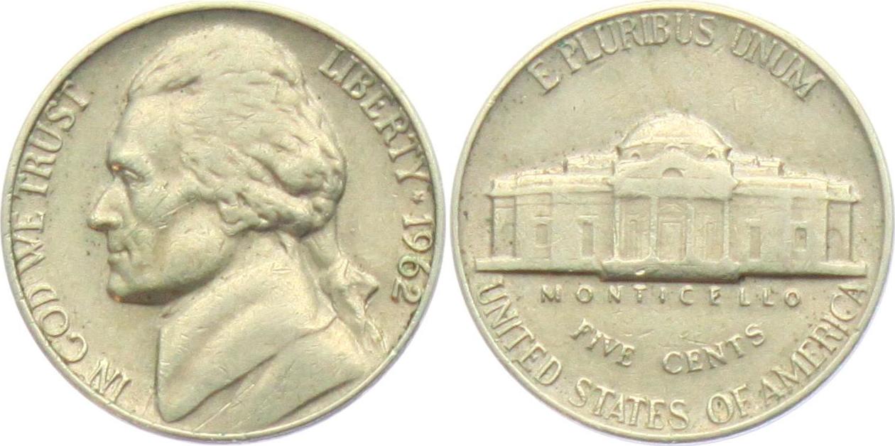 USA 5 Cents 1962 Thomas Jefferson Ss MA Shops