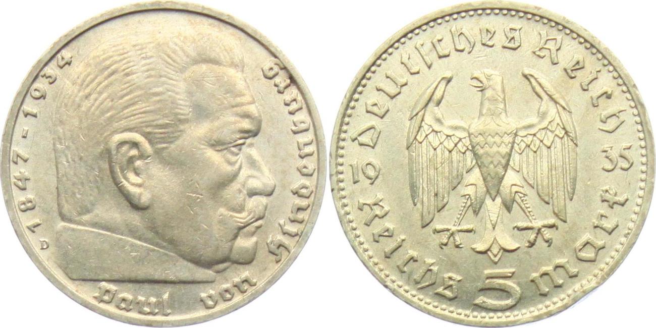 Drittes Reich 5 Reichsmark 1935 D Paul von Hindenburg - mit Reichsadler ...