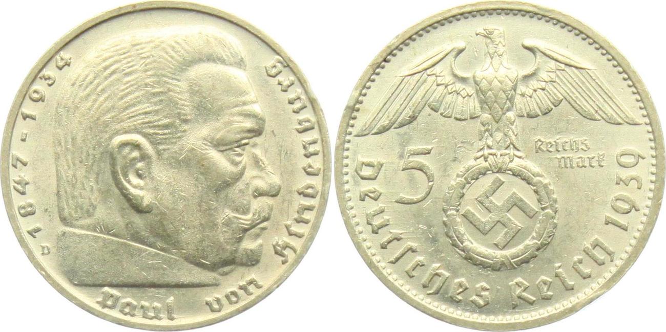 Drittes Reich 5 Reichsmark 1939 D Hindenburg - mit Hakenkreuz f.st | MA ...