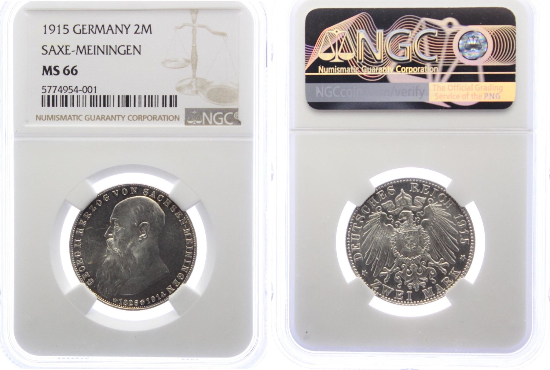 Sachsen-Meiningen 2 Mark 1915 Georg II. auf den Tod st - NGC MS 66 | MA-Shops