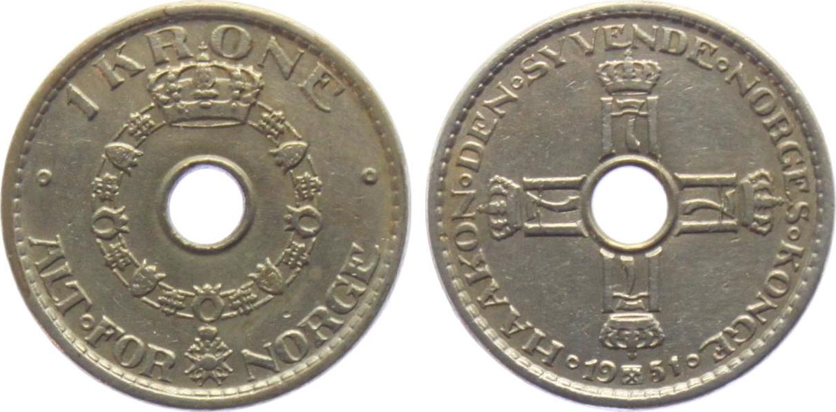 Norwegen 1 Krone 1951 Haakon VII. (1905 - 1957) ss-vz | MA-Shops