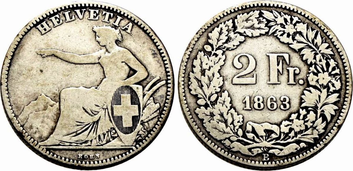 Schweiz 2 Franken 1863 B Helvetia ss | MA-Shops