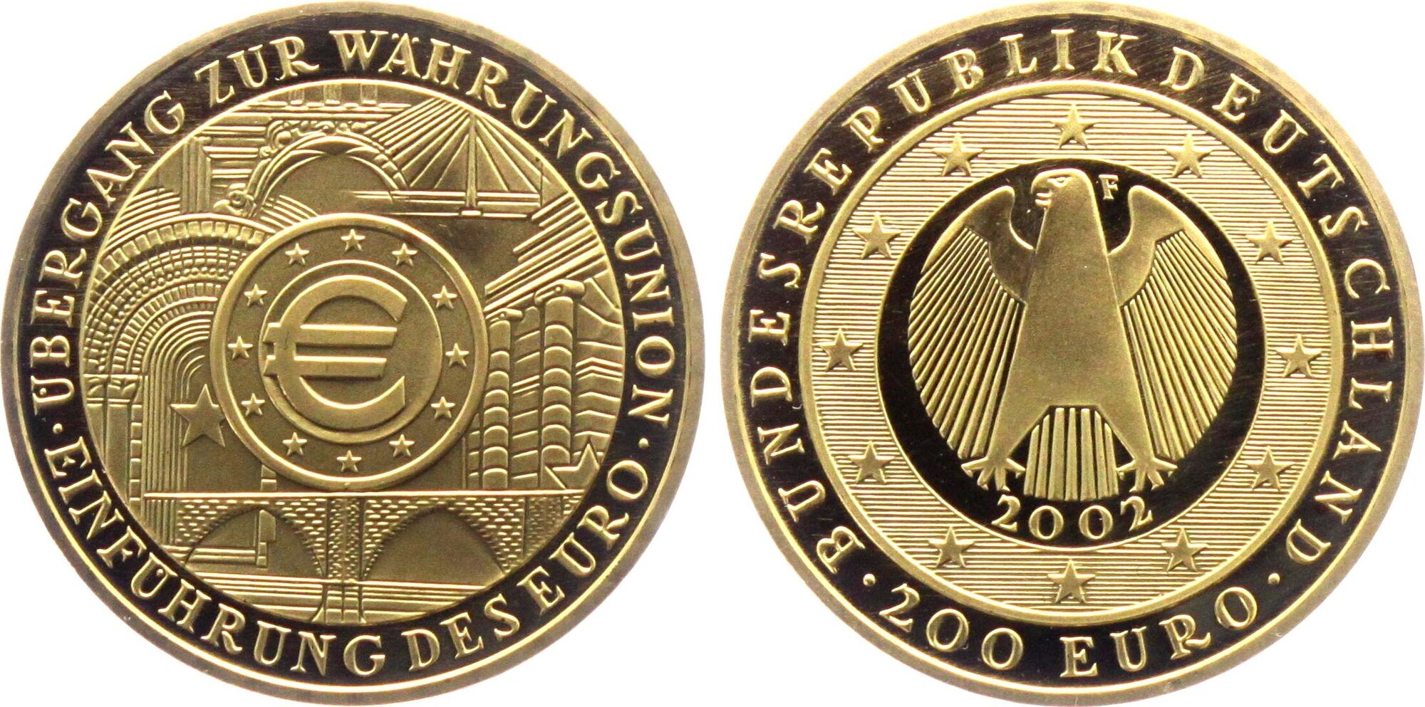 Deutschland 200 Euro 2002 F 1 Unze Goldmünze - Euroeinführung st/Sch ...
