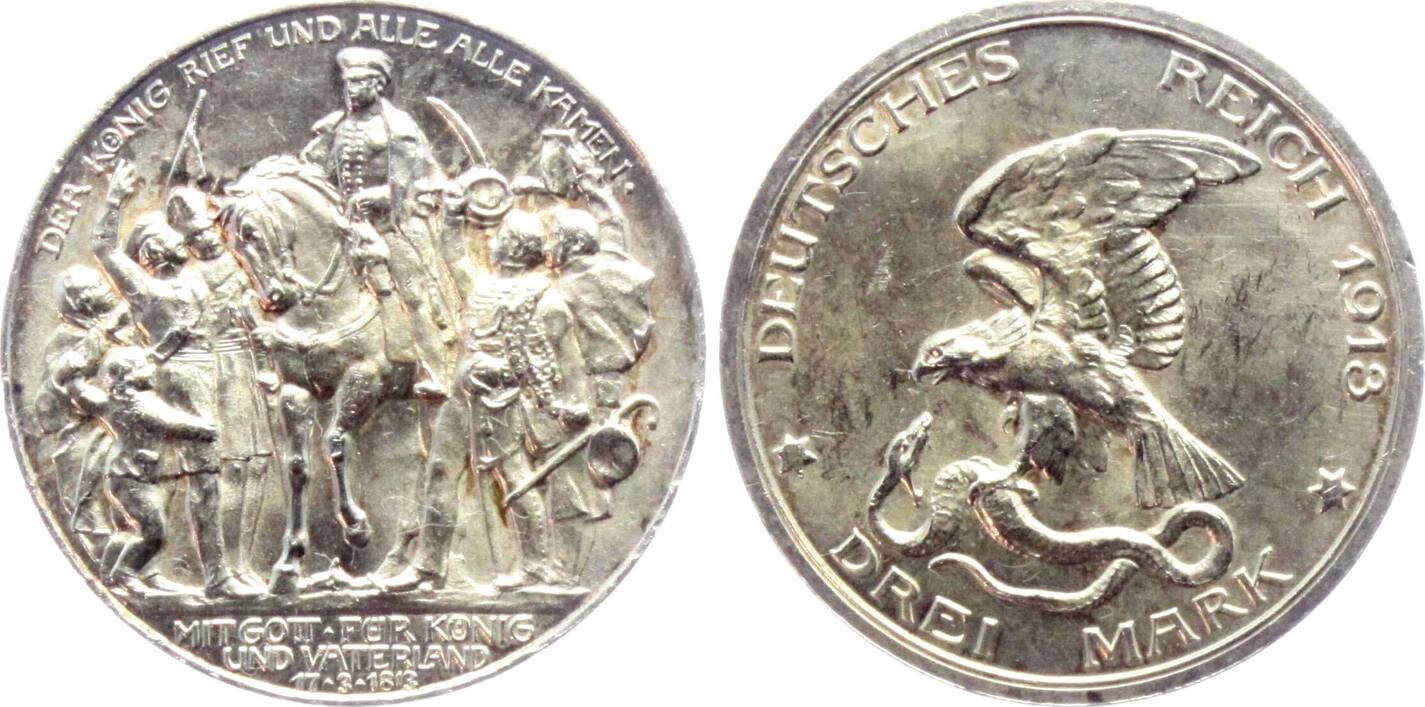 Preussen - Kaiserreich 3 Mark 1913 Der König rief... vz | MA-Shops