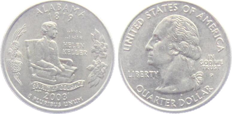 USA 1/4 Dollar - Quarter 2003 P Statehood Alabama - Helen Keller ...