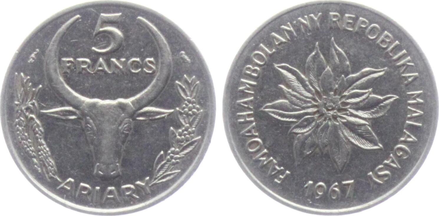 Madagaskar 5 Francs / Ariary 1967 Blume - Gazellenkopf f.vz | MA-Shops