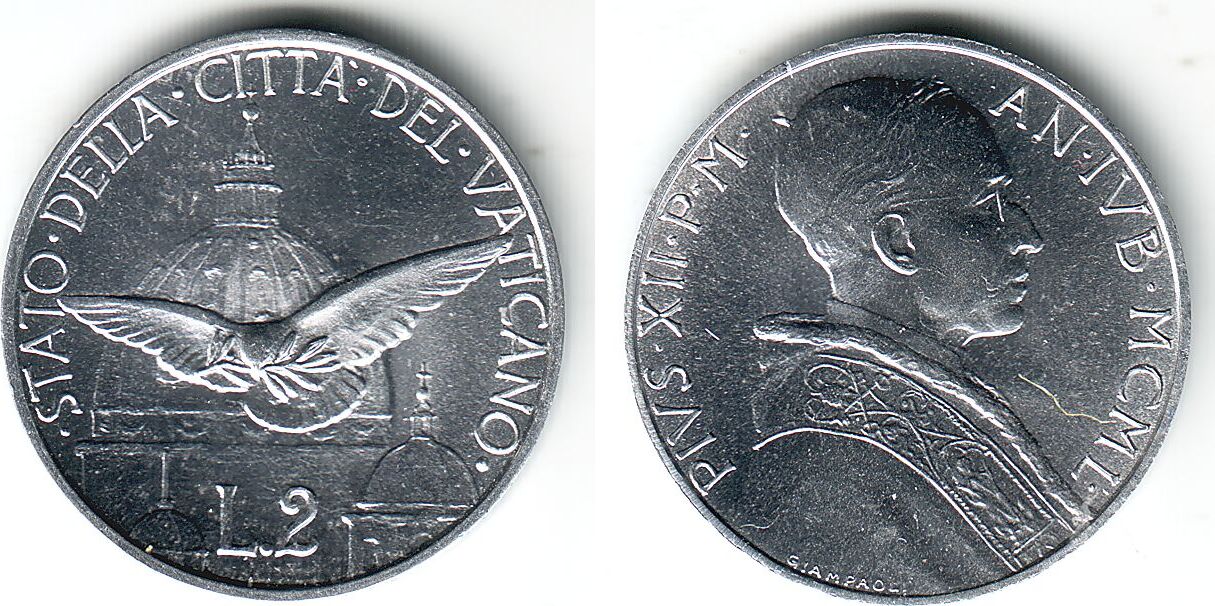 Vatikan 2 Lire 1950 Friedenstaube vor der Basilika di San Pietro - Papst Pius XII. (1939-1958 ...