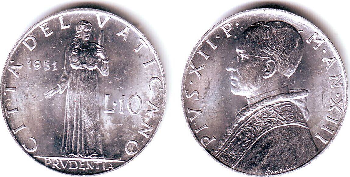 Vatikan 10 Lire 1951 Prudentia - Papst Pius XII. (1939-1958) st | MA-Shops