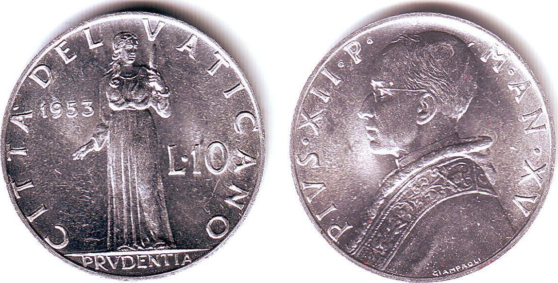 Vatikan 10 Lire 1953 Prudentia - Papst Pius XII. (1939-1958) st | MA-Shops