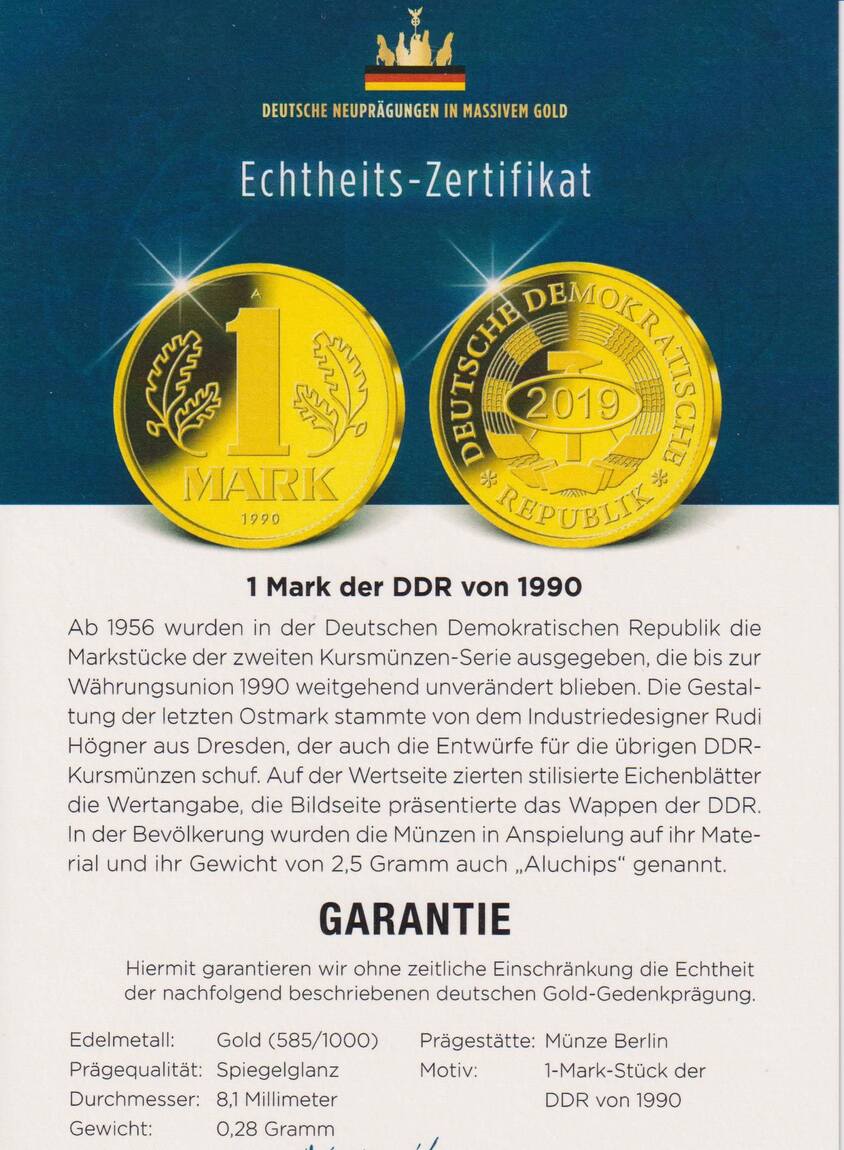 DDR Goldreplik - 1 Mark 1990 / 2019 Replik - 1 Mark Ost PP - in Kapsel ...