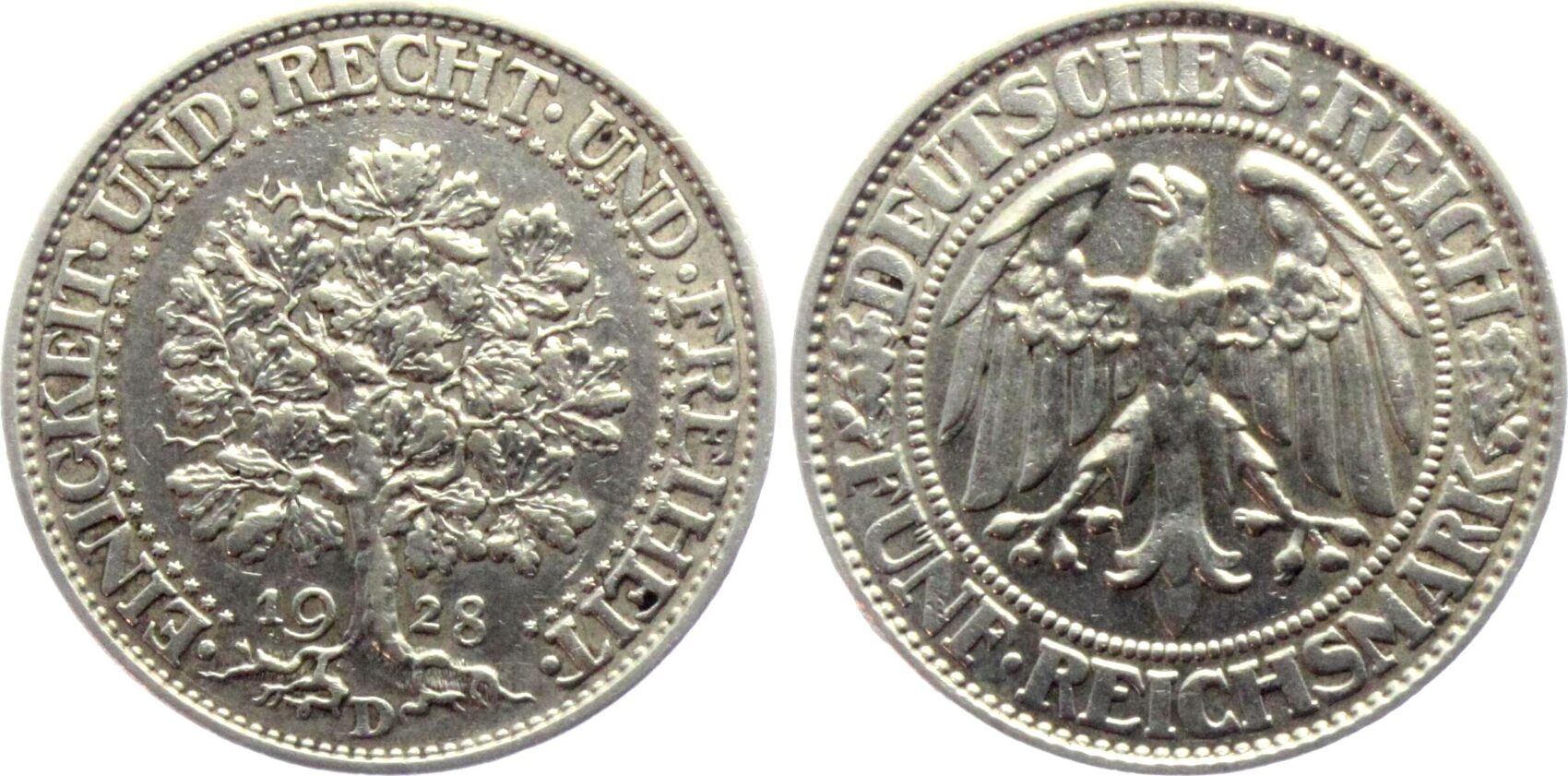 Deutsches Reich - Weimarer Republik 5 Mark 1928 D Eichbaum ss/vz | MA-Shops