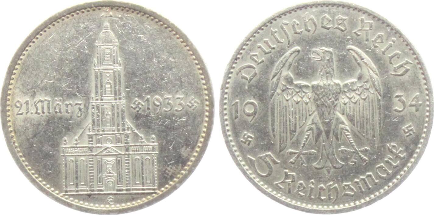 Drittes Reich 5 Reichsmark 1934 E Garnisonskirche mit Datum ss | MA-Shops