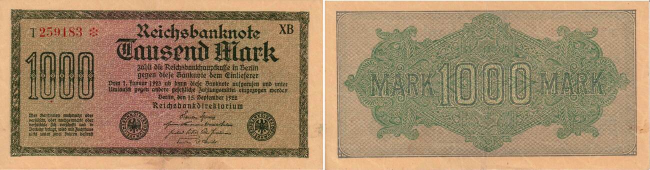Weimarer Republik 1922 Banknote - 1000 Mark - Kn-Nr. rot 6-stellig ...