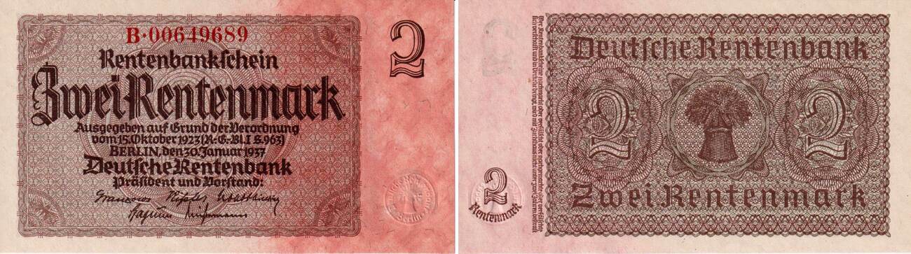 Deutsche Reichsbank Banknote - 2 Rentenmark - 1937 - Kn-Nr. rot - 8 ...