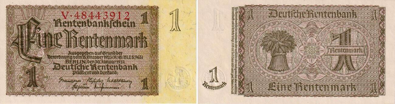 Deutsche Reichsbank Banknote - 1 Rentenmark - 1937 - Kn-Nr. rot - 8 ...