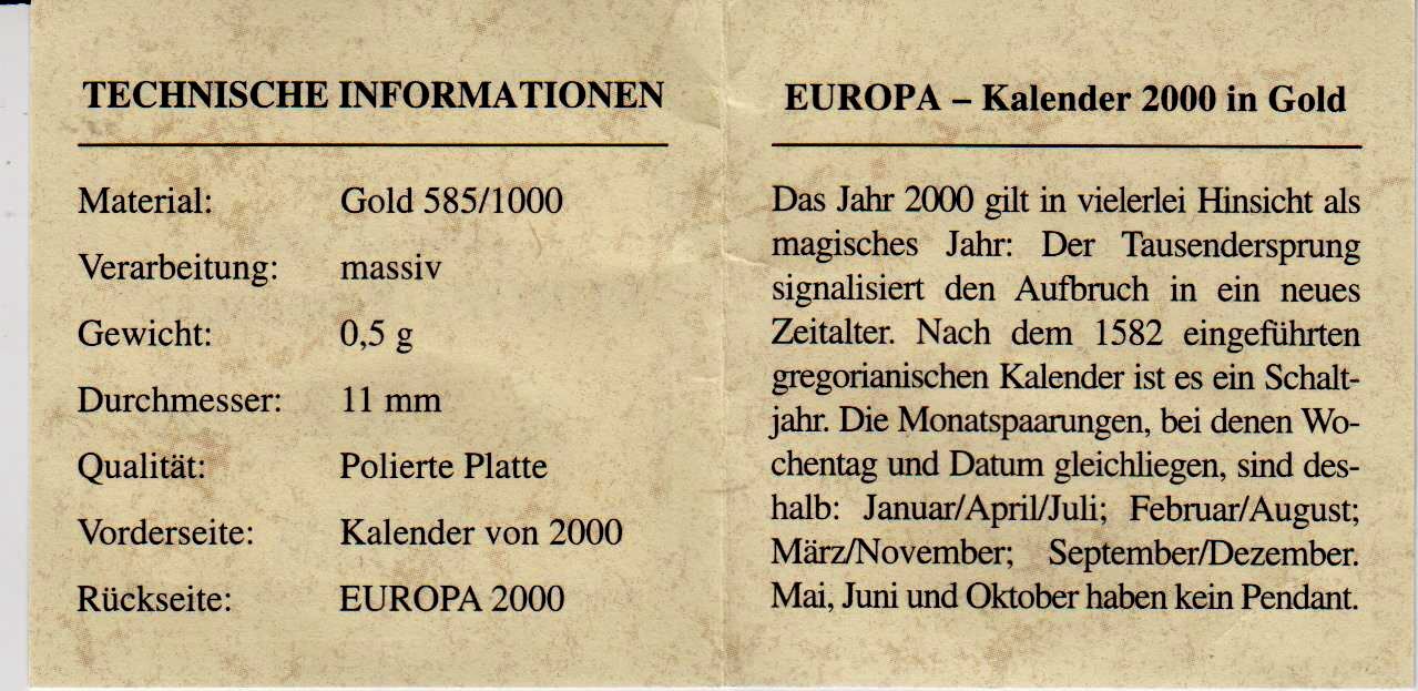 Deutschland Goldmedaille o.Jahr Kalender 2000 in Gold PP in Kapsel ...