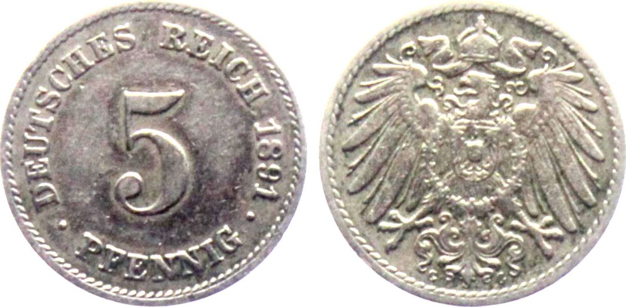 Deutsches Reich 1891 G 5 Pfennig Kursmünze - großer dler ss | MA-Shops