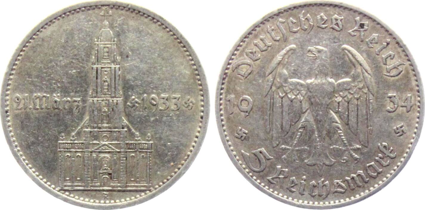 Drittes Reich 5 Reichsmark 1934 A Garnisonskirche mit Datum ss+ | MA-Shops