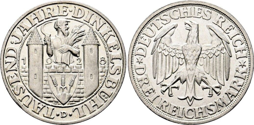 Deutsches Reich - Weimarer Republik 3 Mark 1928 D Dinkelsbühl vz/st ...