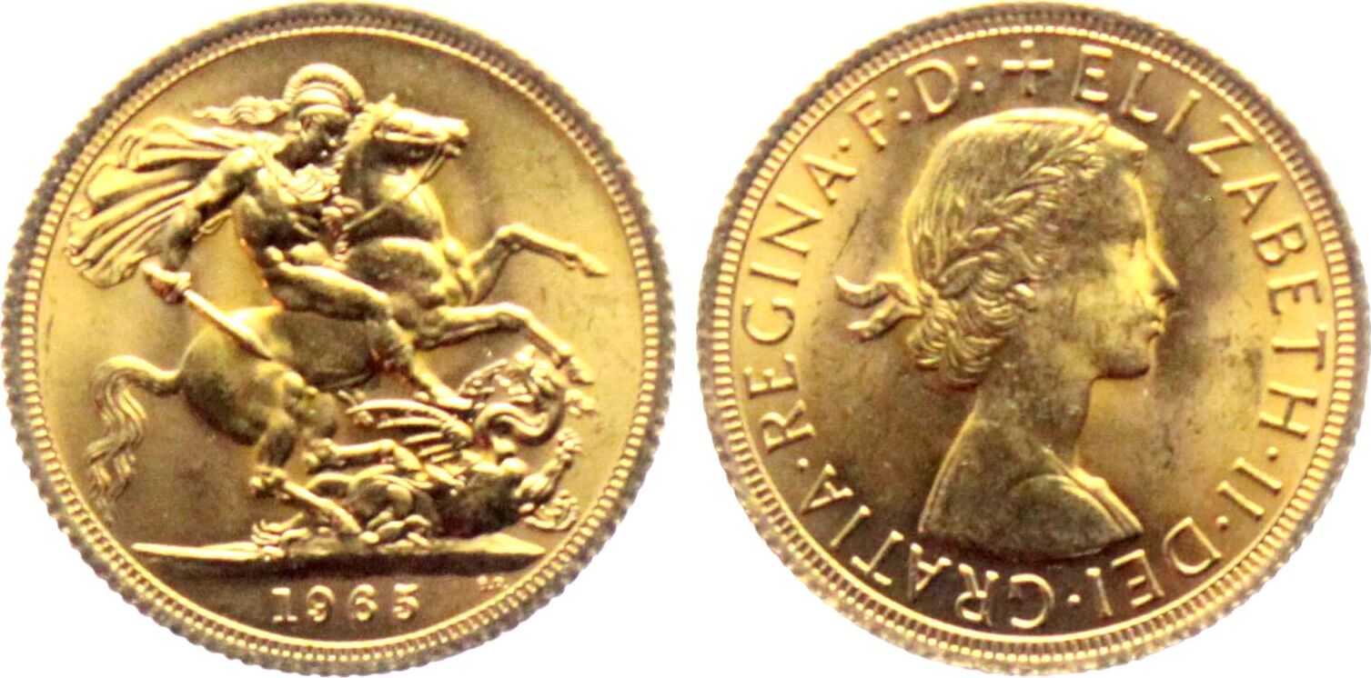Großbritannien 1 Sovereign 1965 Elisabeth II. mit Lorbeerkranz (1952 ...