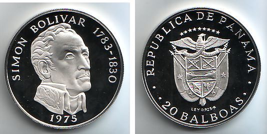 Panama 20 Balboas 1975 20 Balboas Silbermünze - Simon Bolivar PP in ...