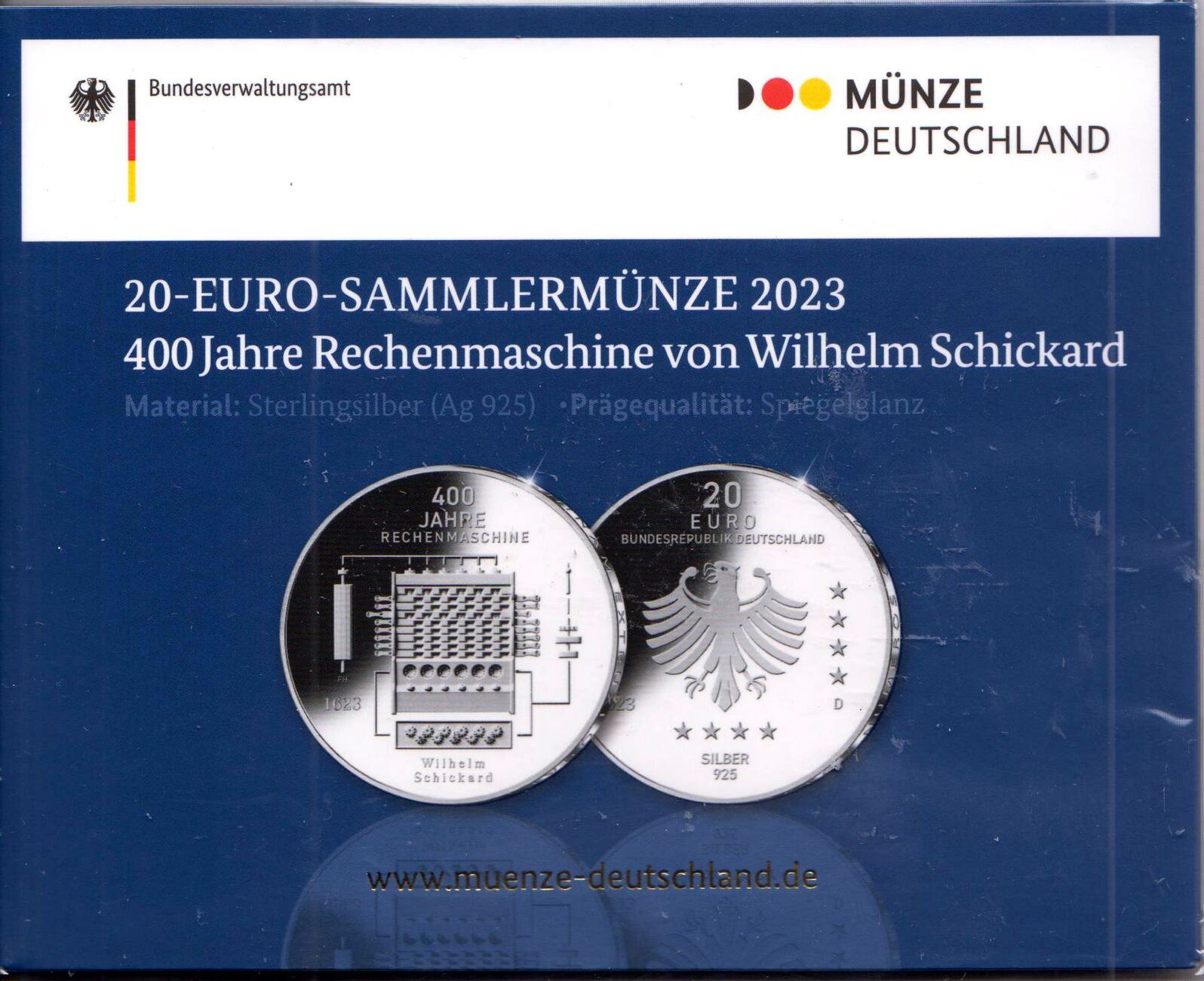 Deutschland - BRD 20 Euro 2023 (D) 400 Jahre Rechenmaschine von Wilhelm ...