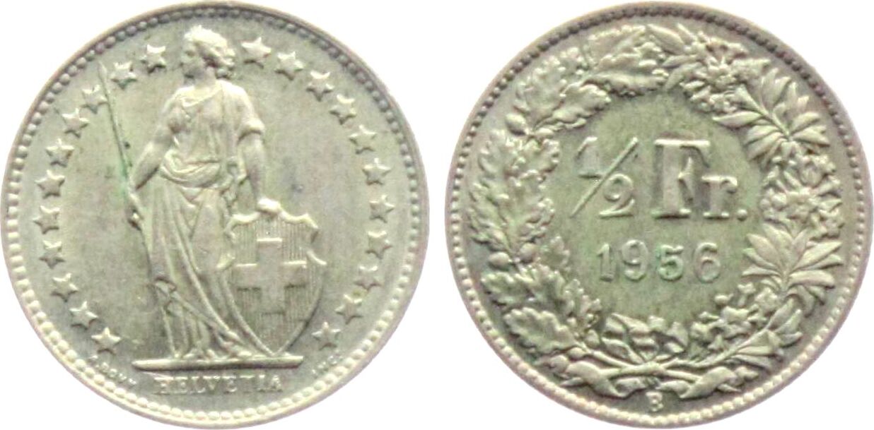 Schweiz 1/2 Franken 1956 B Stehende Helvetia f.st | MA-Shops